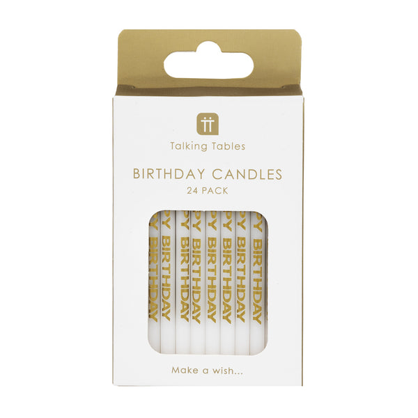 White & Gold 'Happy Birthday' Printed Candles - 24 Pack – Talking ...